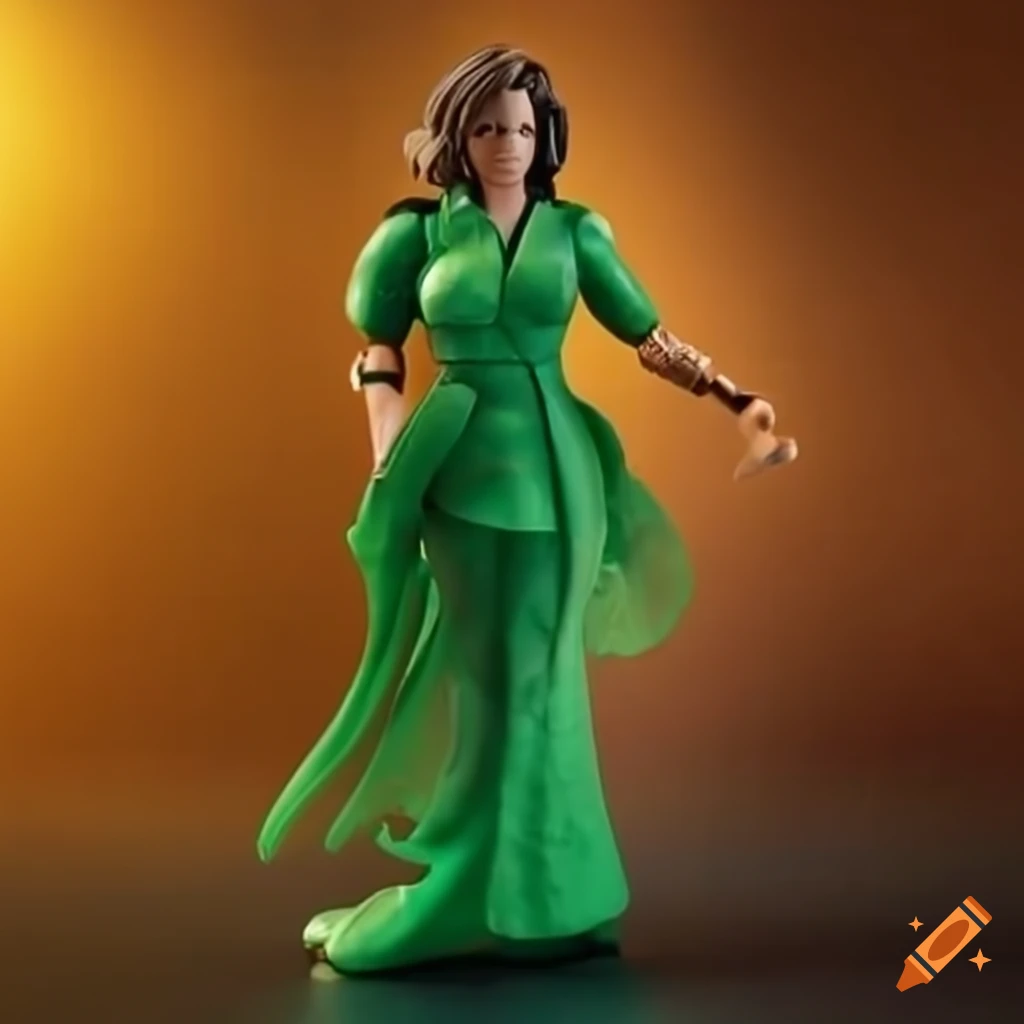 Heroic action figure of a meteorologist in a green leafy dress