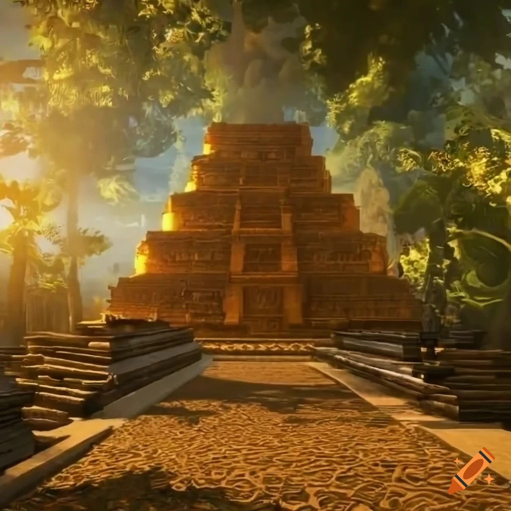 3d rendering of a golden aztec temple in the jungle