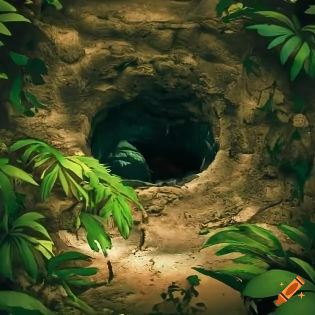 Jungle with a large water-filled hole in the ground on Craiyon