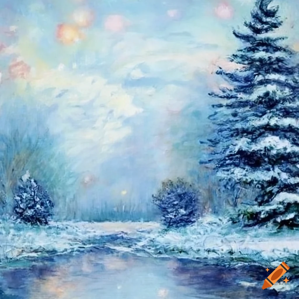 Winter image with snow, lights, and animals in the style of Claude ...