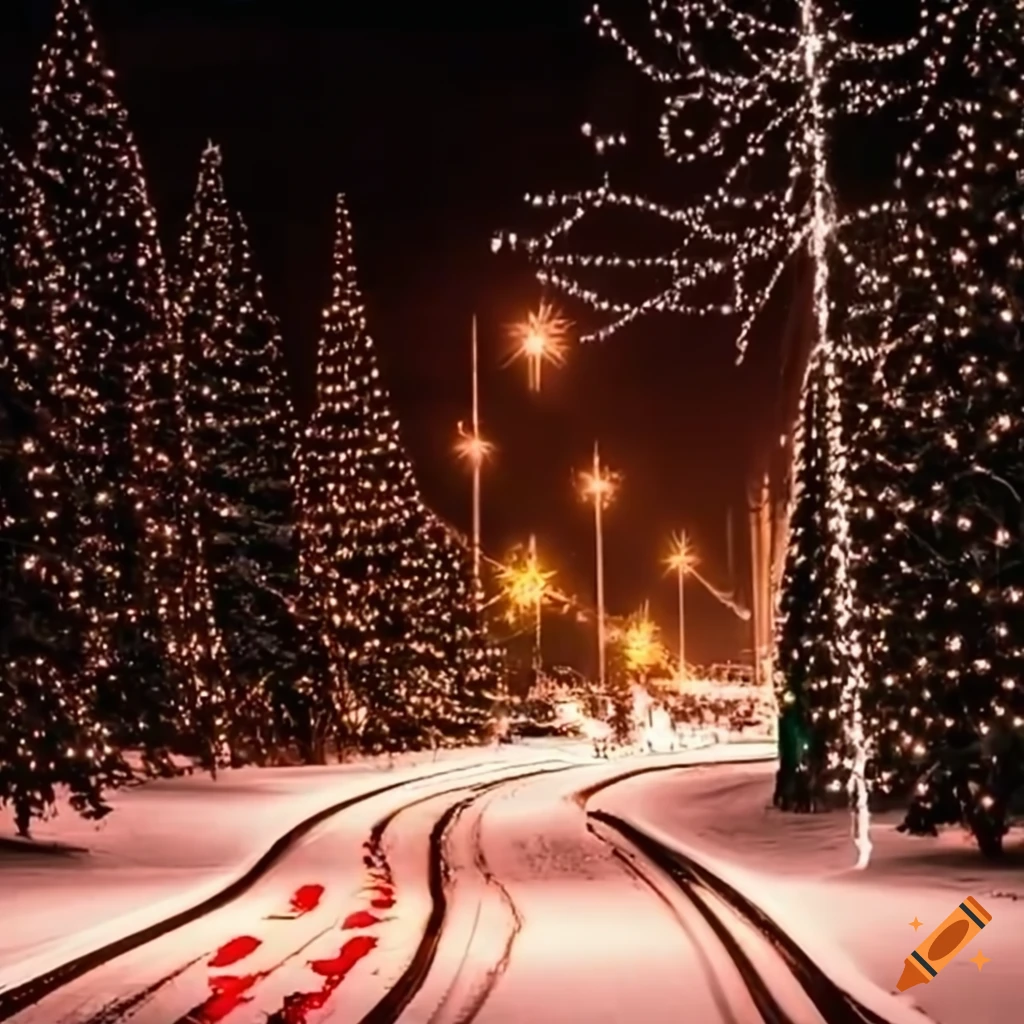 Christmas highway covered in snow with festive lighting poles