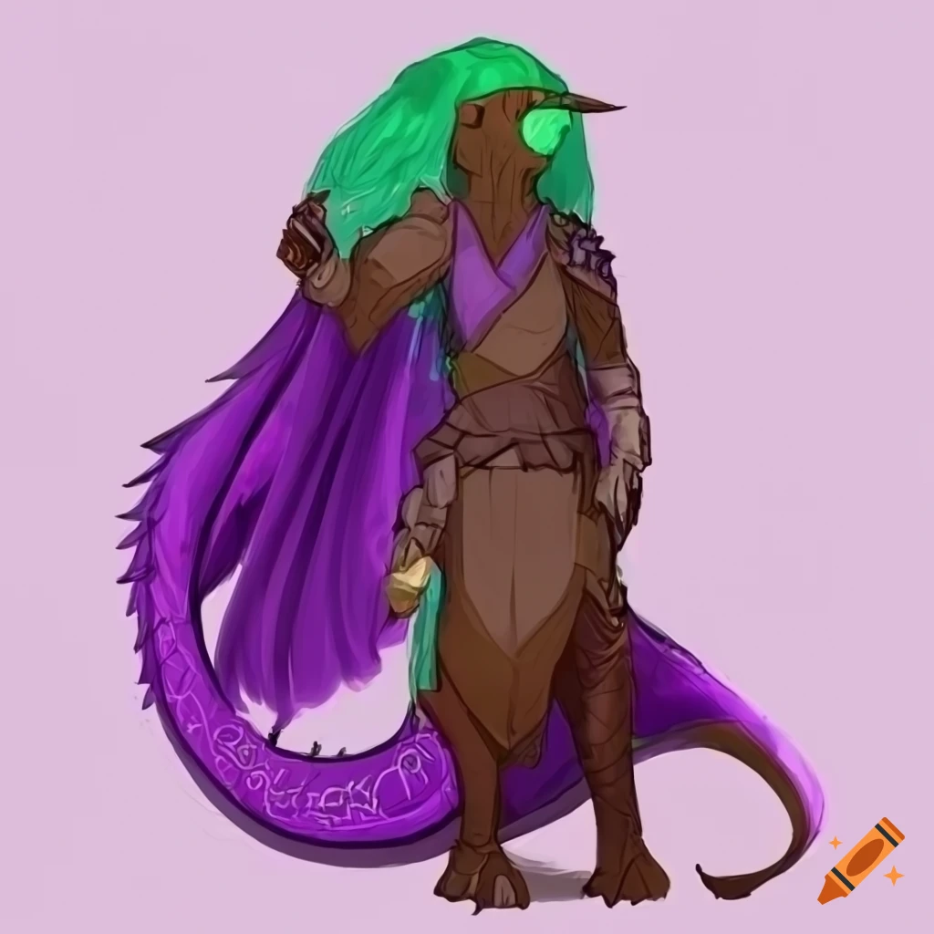 Image of a purple-skinned dragonborn with red eyes and green hair