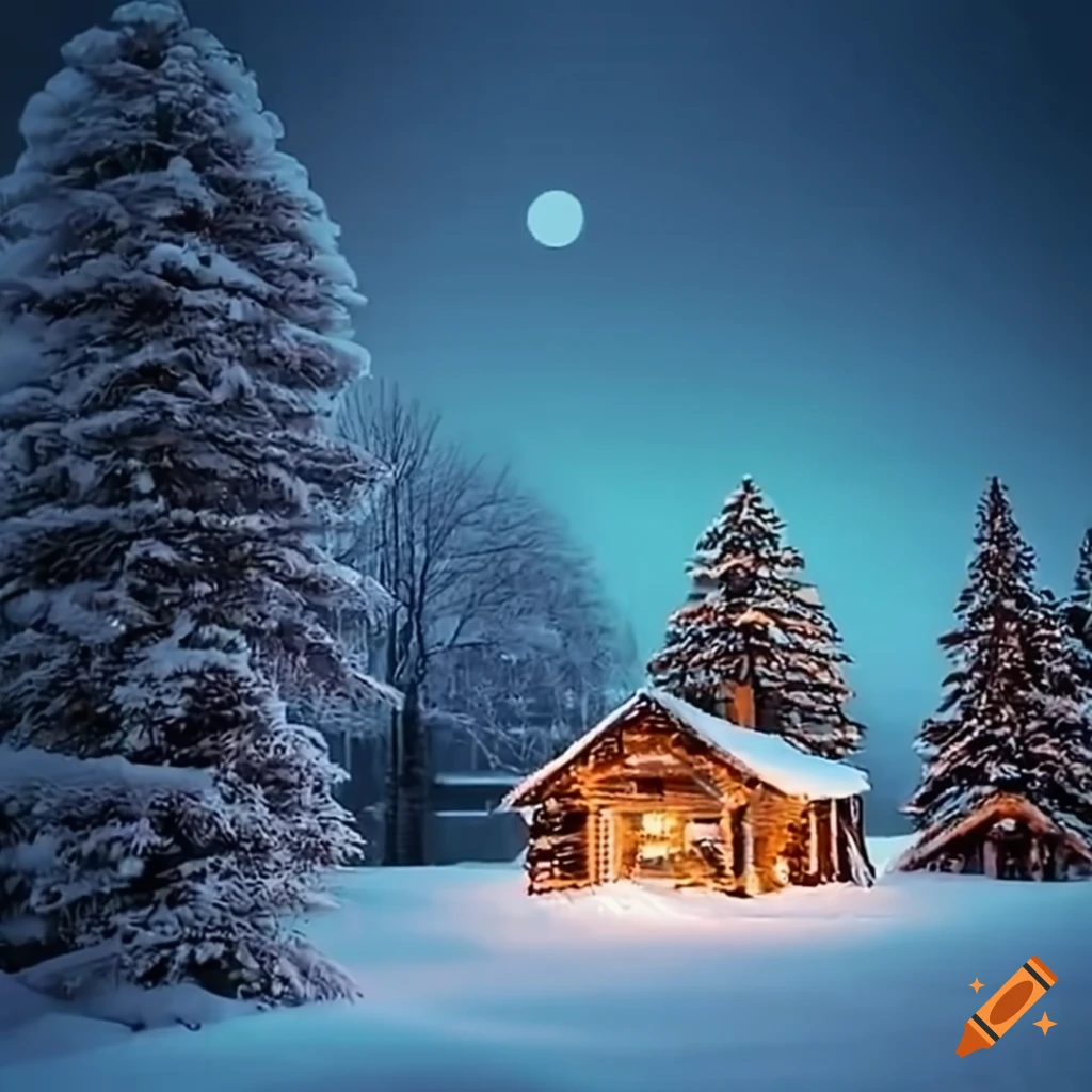White christmas scene with a cozy cabin