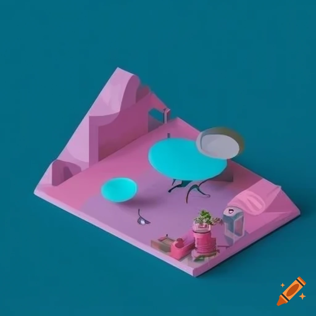 Cozy isometric mountainous interior design in blue and pink on Craiyon