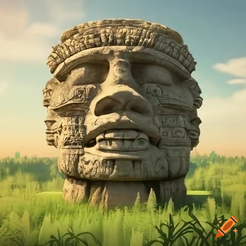 3d rendering of a giant stone aztec head in a tropical forest