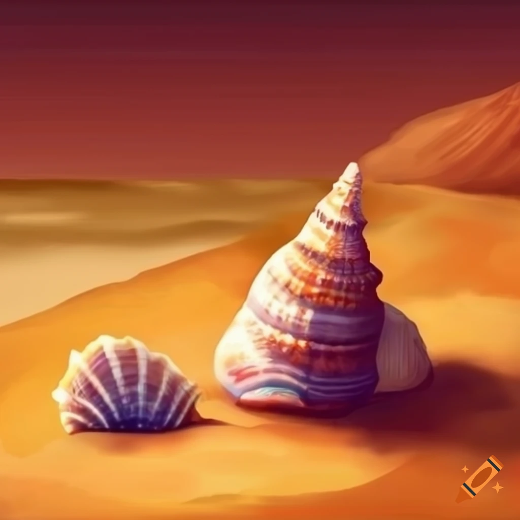 Seashells on a desert beach in a whimsical art style on Craiyon