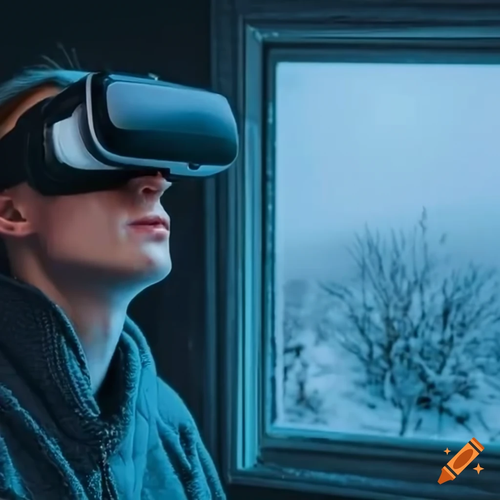 Person using vr headset inside snowy cabin