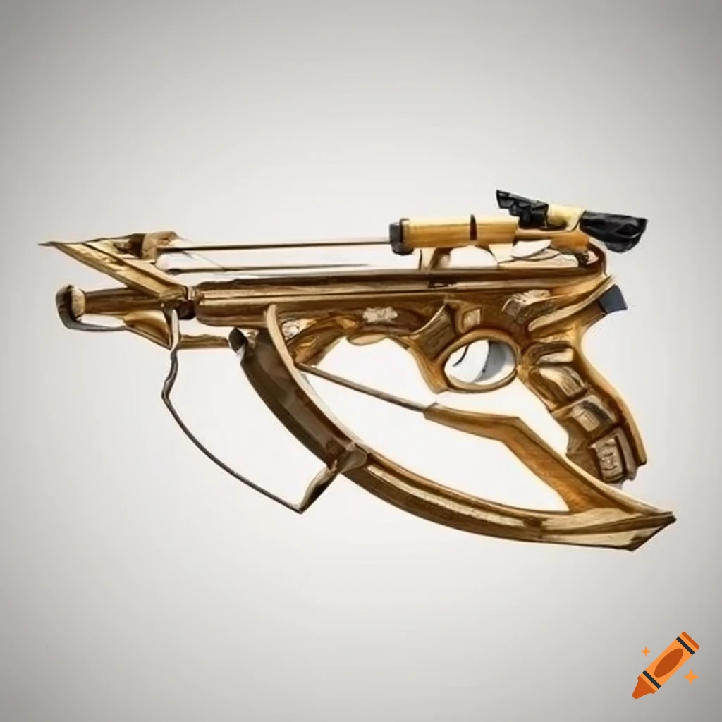 Wooden crossbow with gold and white accents on Craiyon