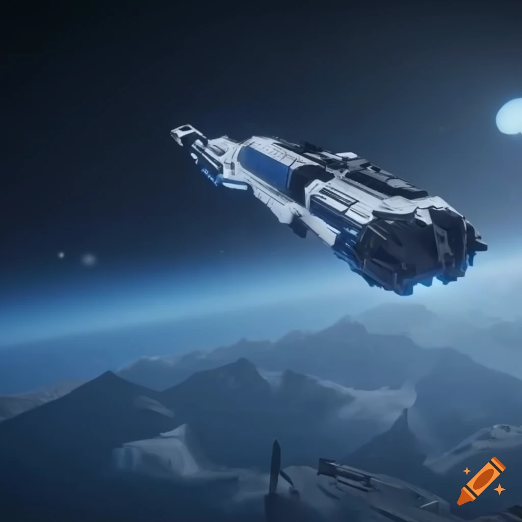 Sci-fi spaceship in blue-white color floating in space
