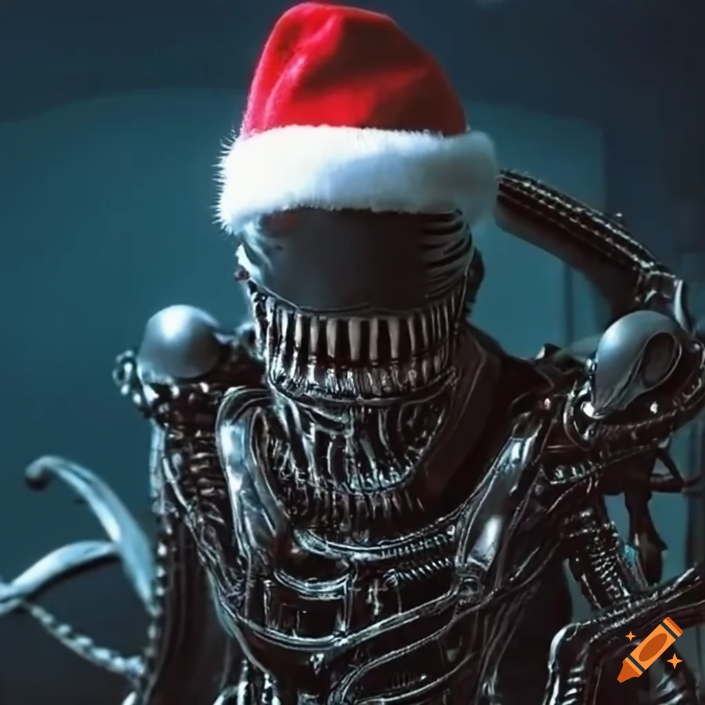 Screenshot of a mechanical xenomorph in a Santa hat on Craiyon