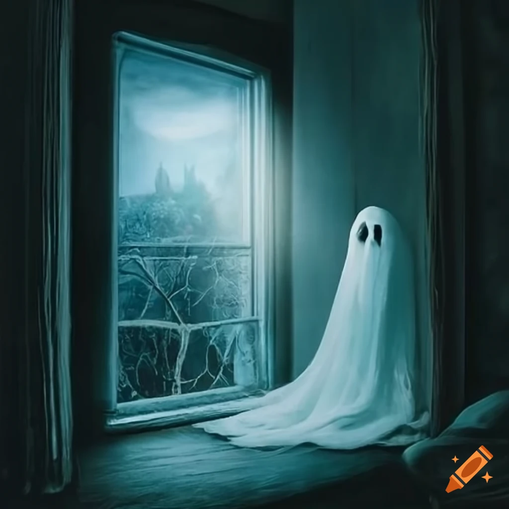 Artistic depiction of a ghost peering through a window on Craiyon