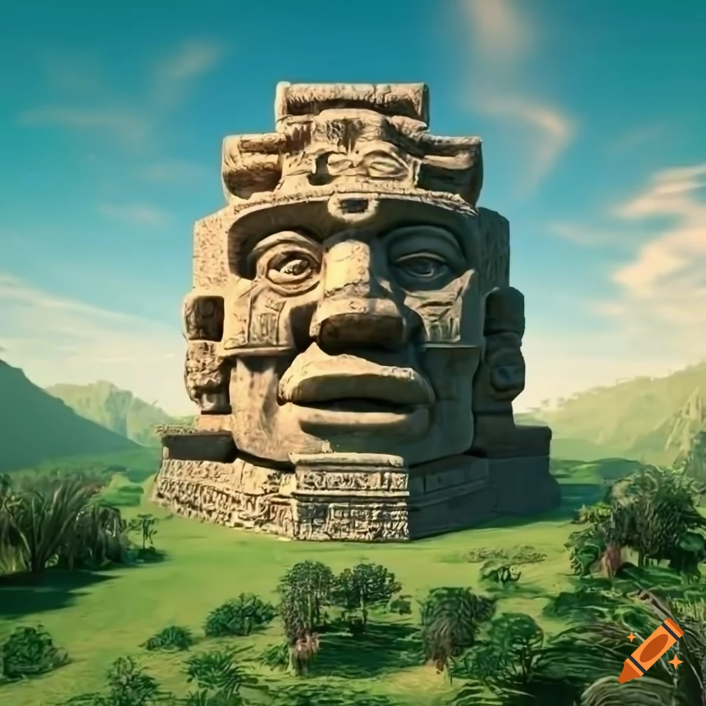 3d rendering of a giant aztec stone head in the jungle on Craiyon