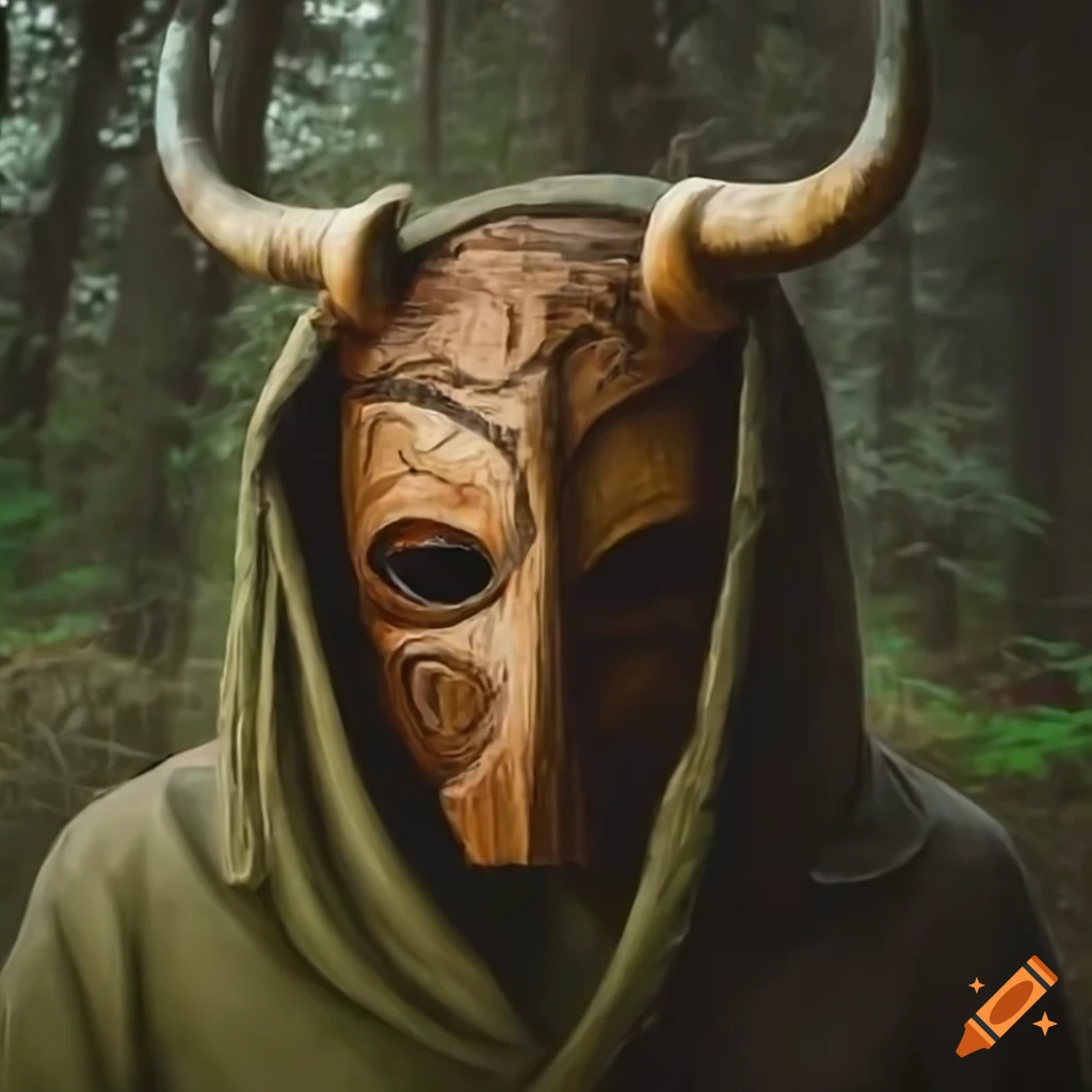 Painting of a mysterious druid in a forest with a wooden mask on Craiyon
