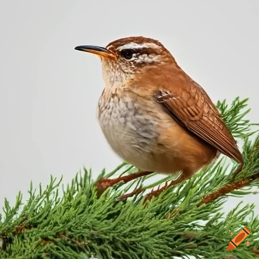 Wren bird perched on juniper branch on Craiyon