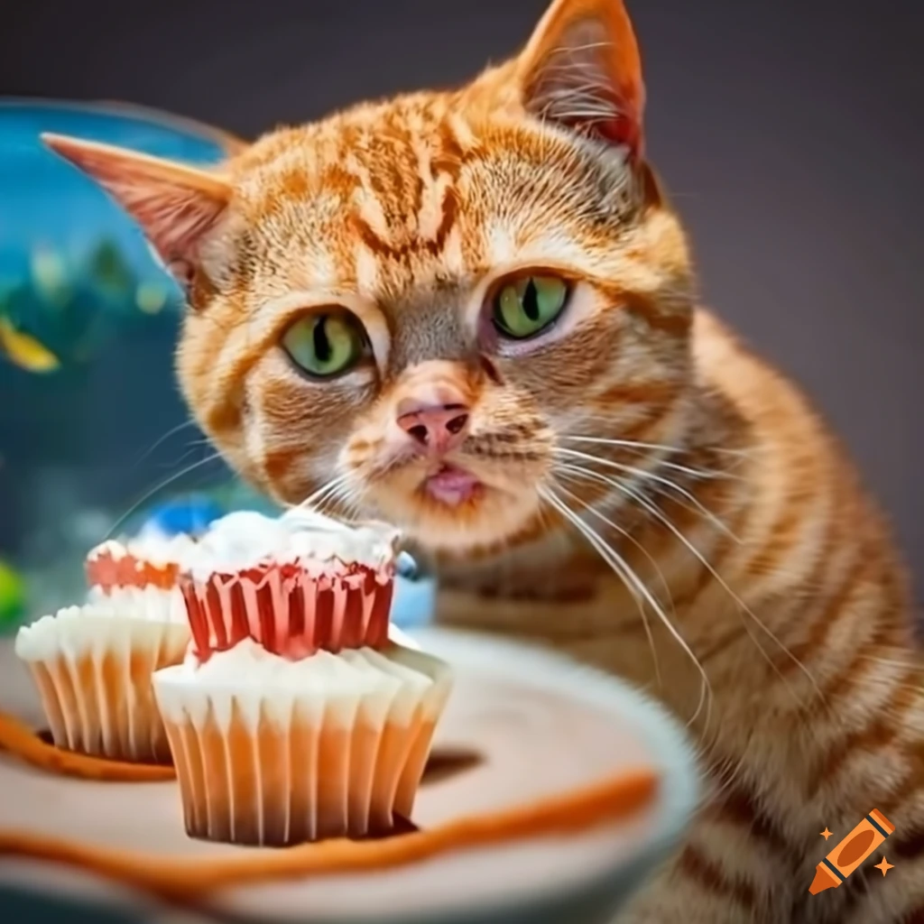 Curious orange tabby cat looking at a cupcake