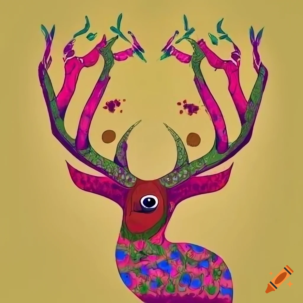 2d illustration of a deer with birds and tree-like antlers on Craiyon