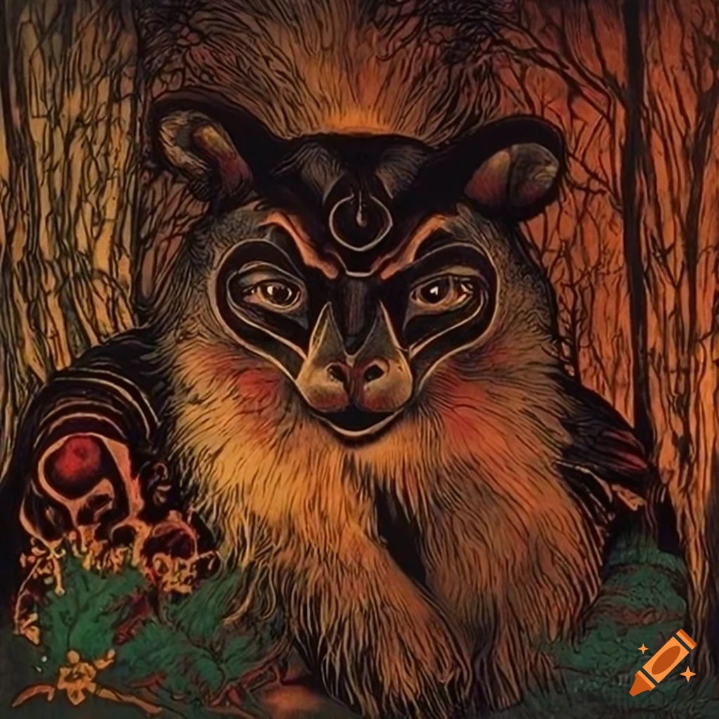 Color serigraph of salish motifs and fantasy creatures on Craiyon