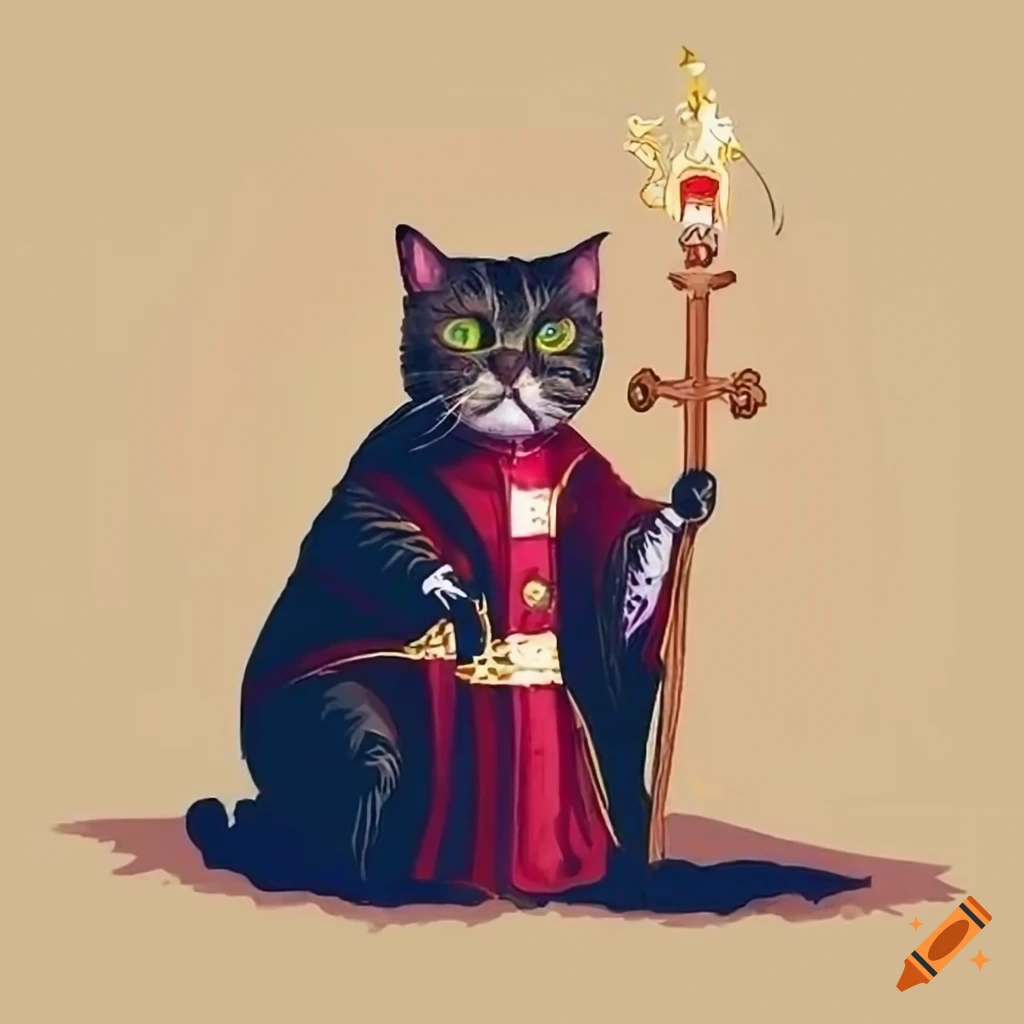 Comic art of a cat dressed as the pope blessing dogs on Craiyon