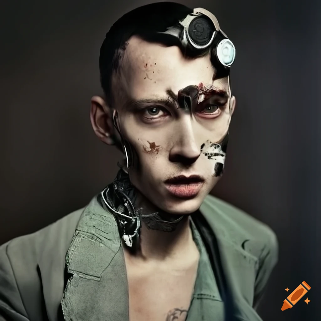 Detailed portrait of a damaged male cyborg in retro attire