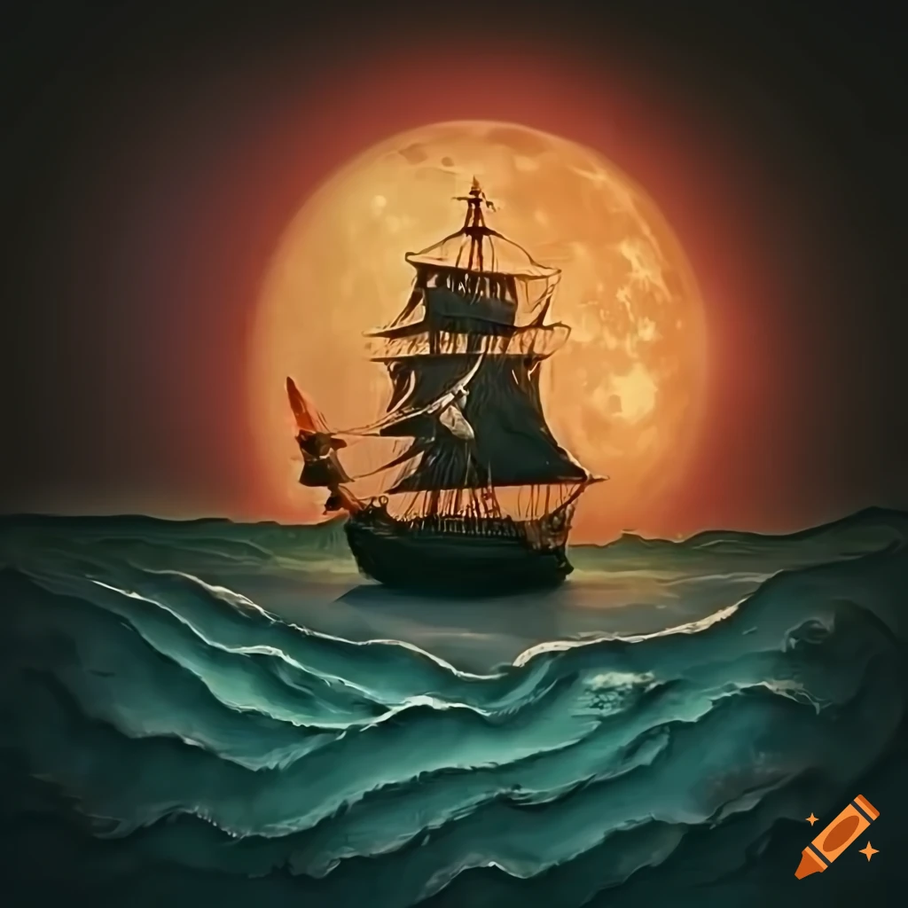 Steampunk pirate ship under a moonlit sky on Craiyon
