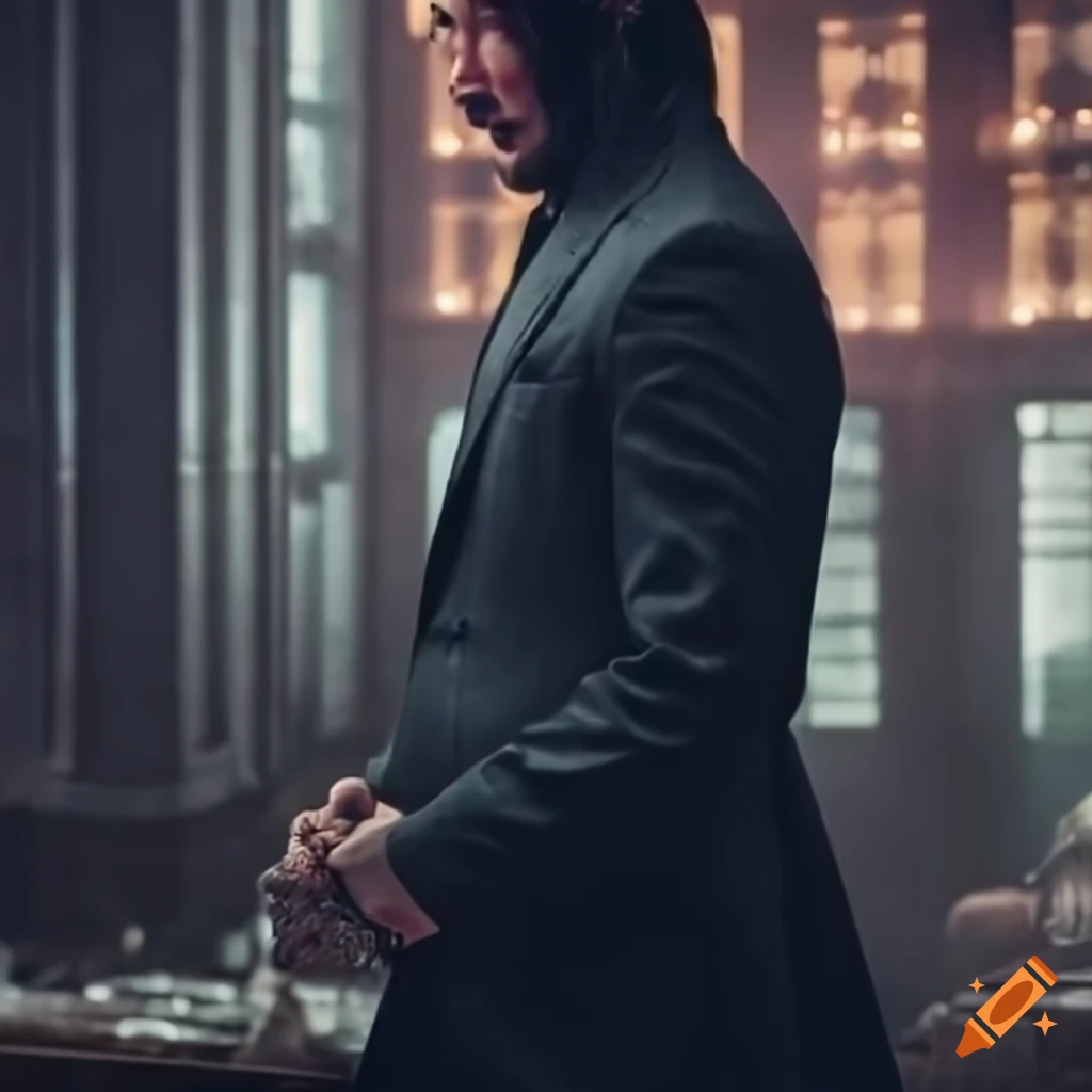 John Wick in a dark setting with ponytail hair on Craiyon