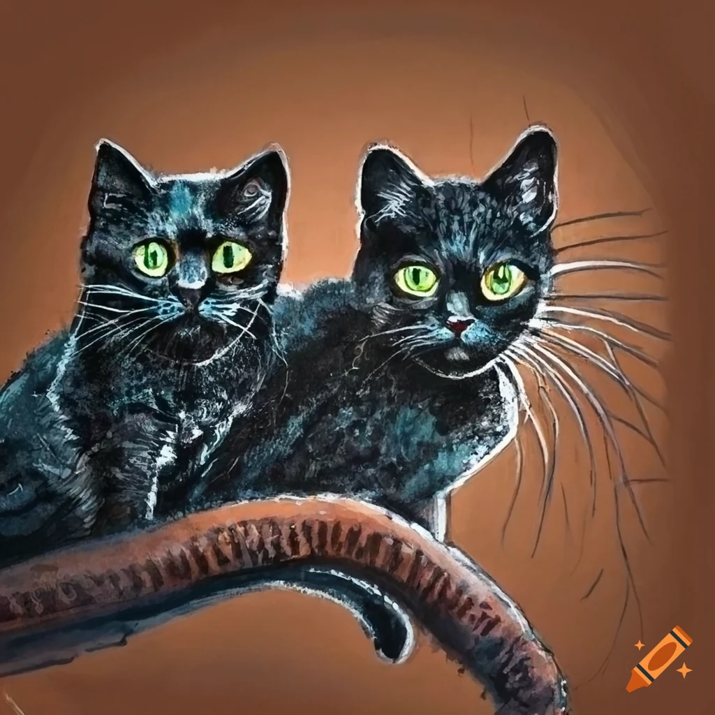 Detailed ink drawing of two black cats on a brown couch