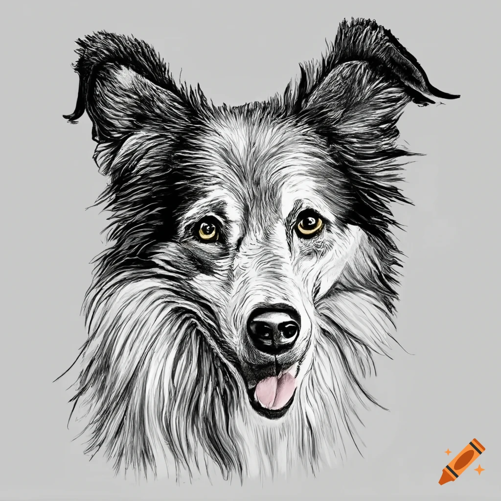 Ink drawing of a realistic border collie