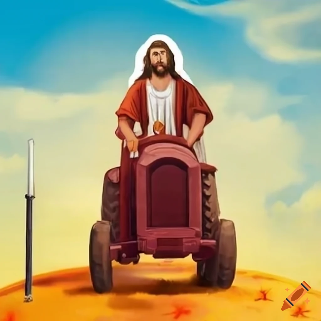 Artistic representation of jesus on a tractor