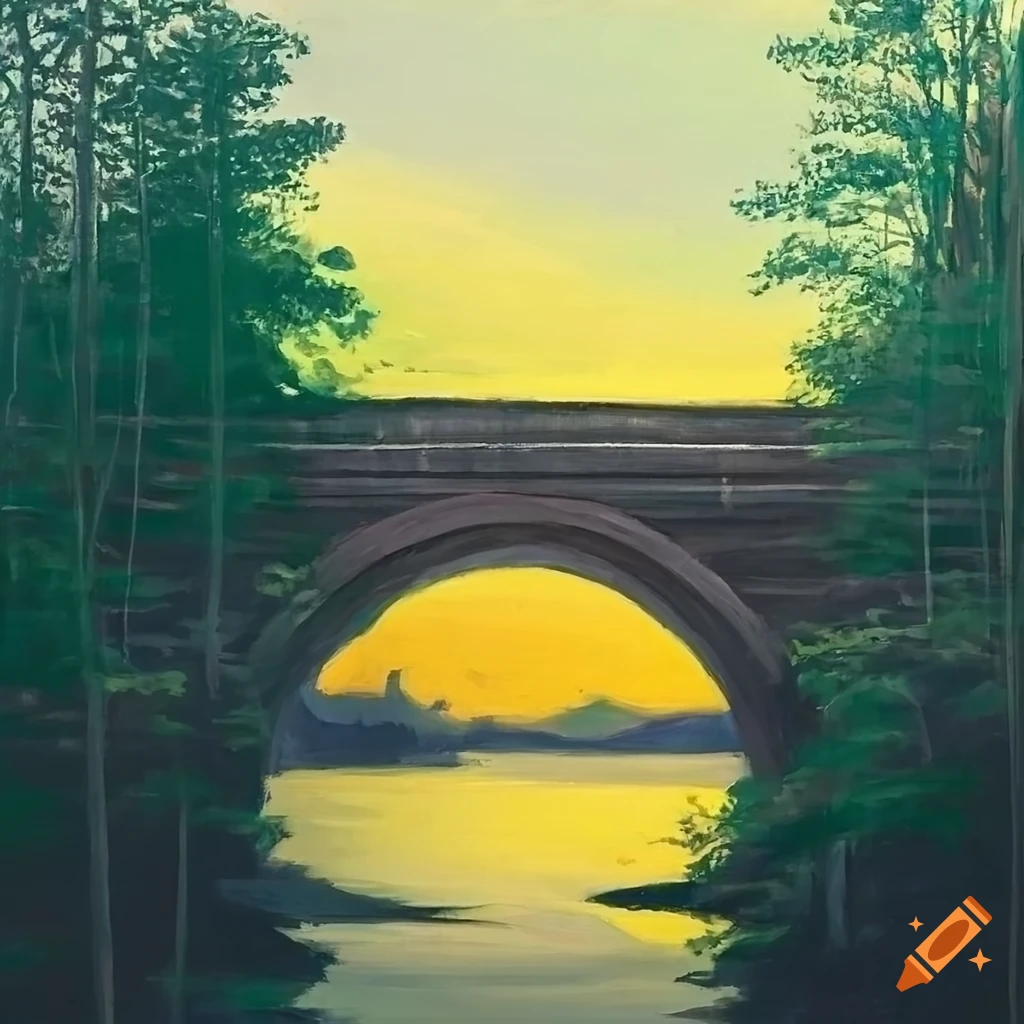 Abstract painting of a wooden bridge in a swedish landscape on Craiyon