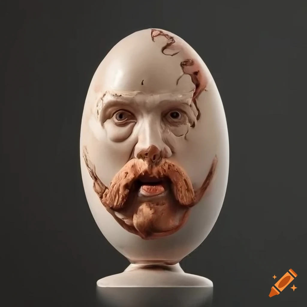 Surrealistic russian egg sculpture of a bearded head on Craiyon