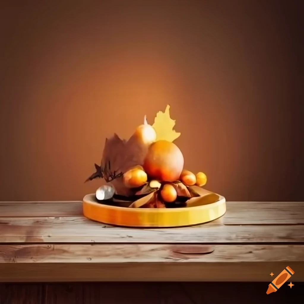 Autumn-themed table design with product on wooden surface on Craiyon