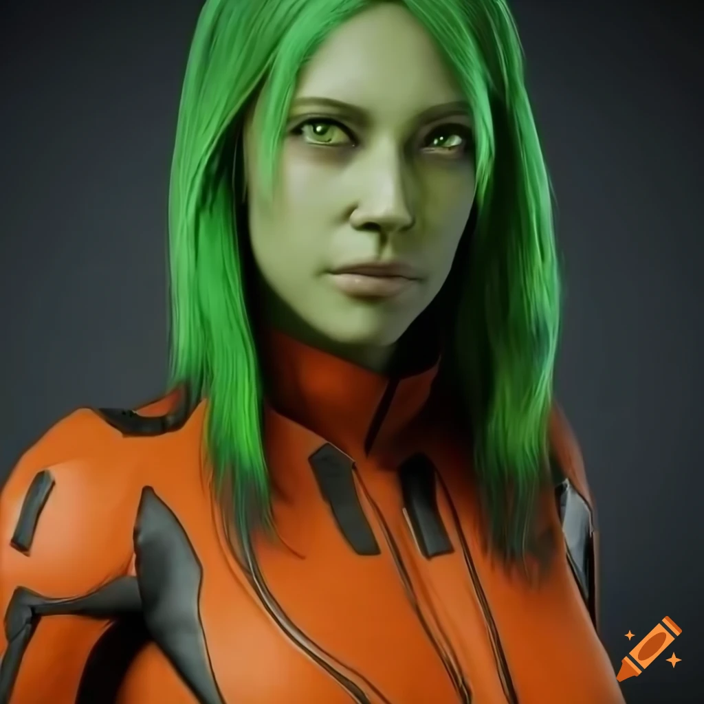 Portrait of a green-skinned girl in a sci-fi jumpsuit on Craiyon
