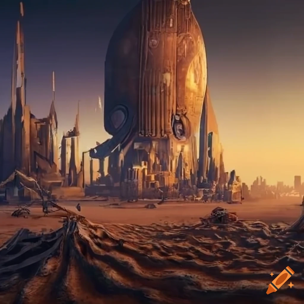 Image of a steampunk city in a desert with flying spaceships on Craiyon