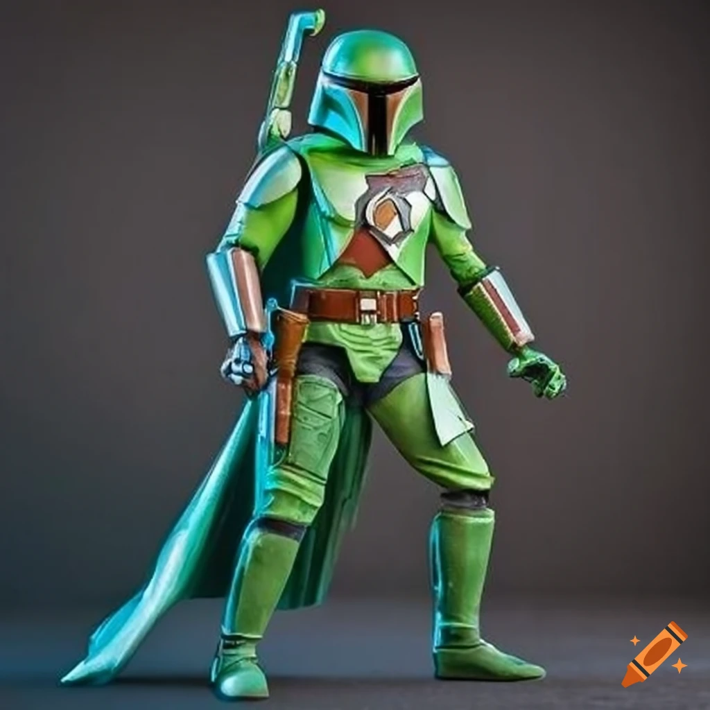 Image of green mandalorian leader with helmet and cape