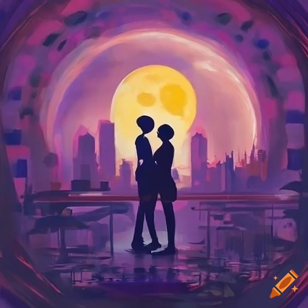 Romantic couple under the moonlight in a city on Craiyon