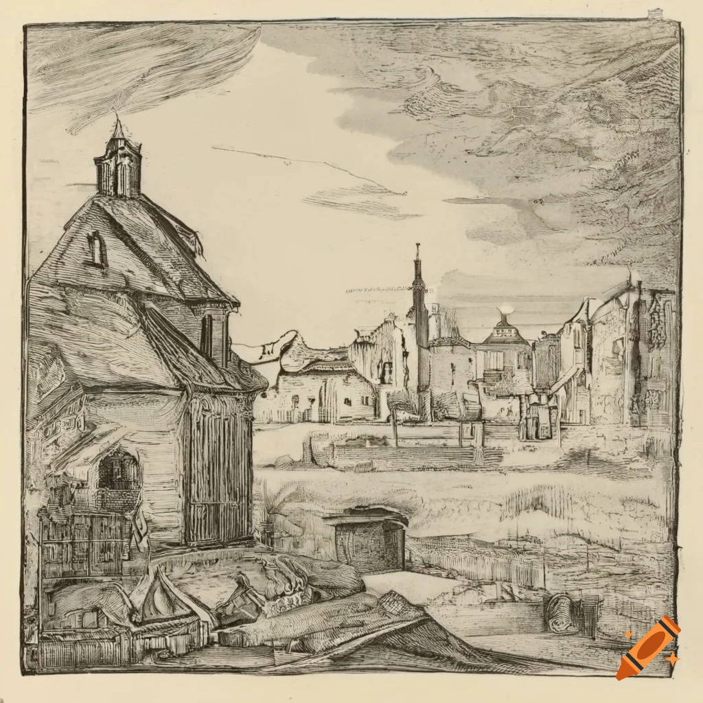 Overhead map of a small town with a church and a well on Craiyon