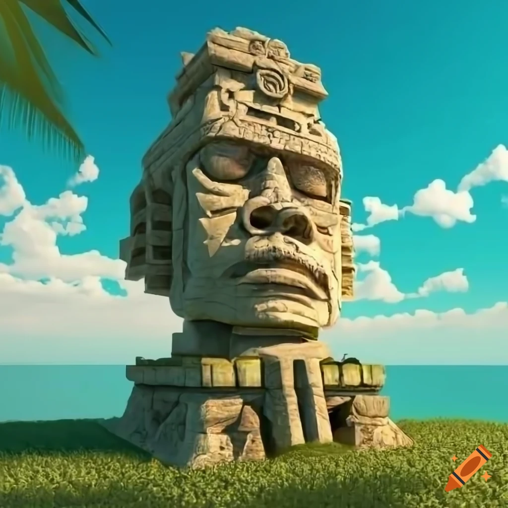 3d rendering of a giant stone aztec head in a tropical forest on Craiyon