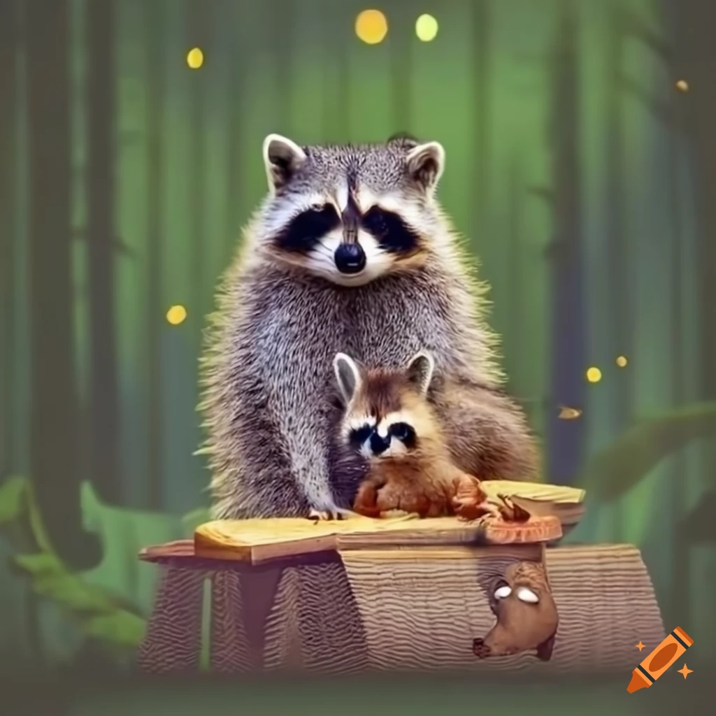 Raccoon and squirrel having a picnic in a mossy forest on Craiyon