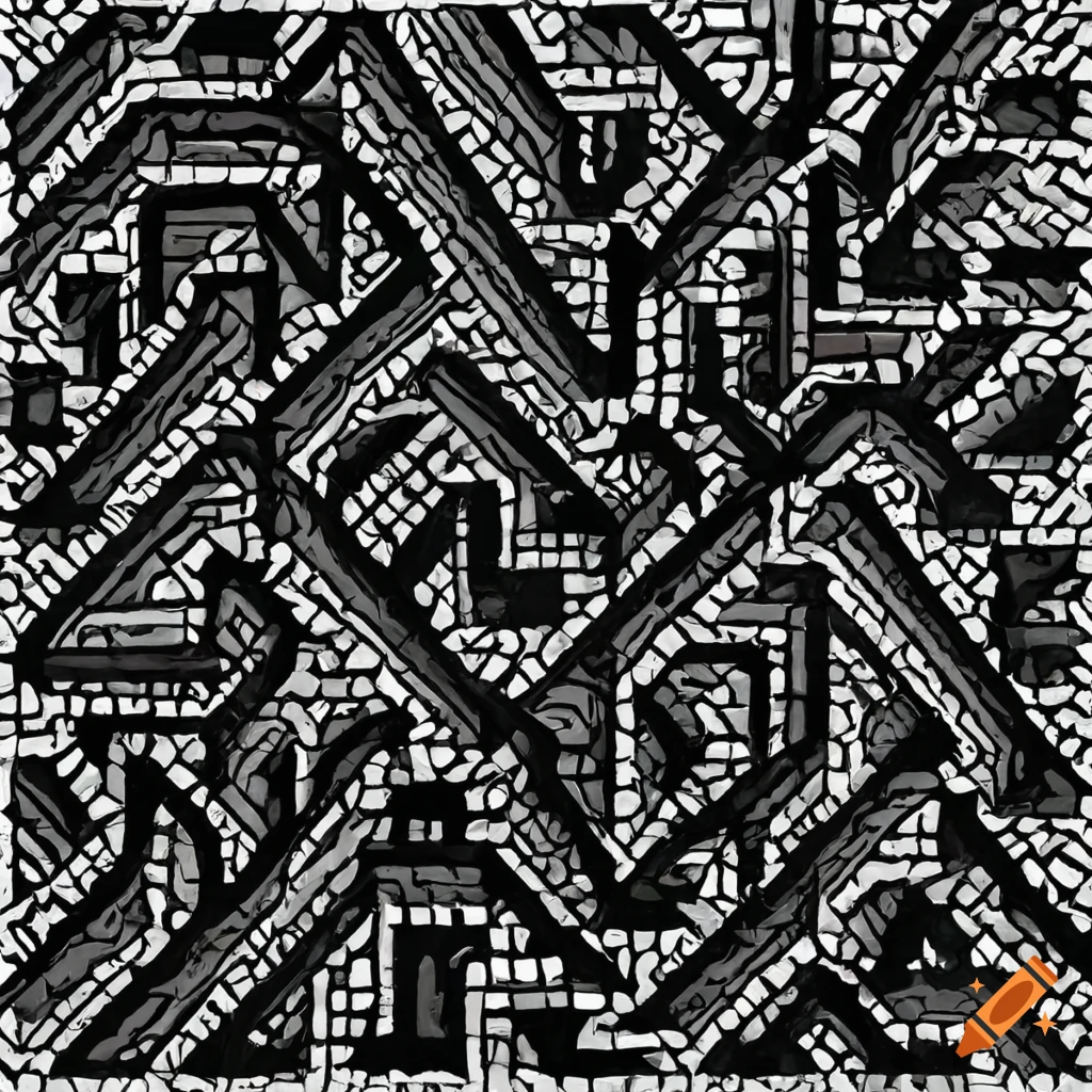 Mosaic painting of a crowd in a maze