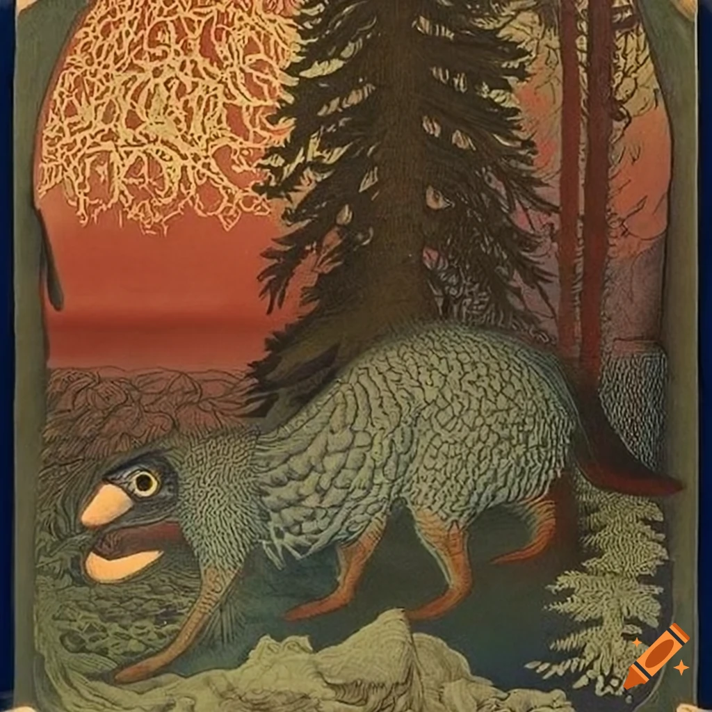 Color serigraph of native salish motifs and fantasy creatures on Craiyon