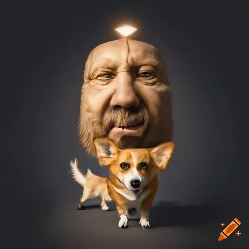 Man with corgi in front of a church