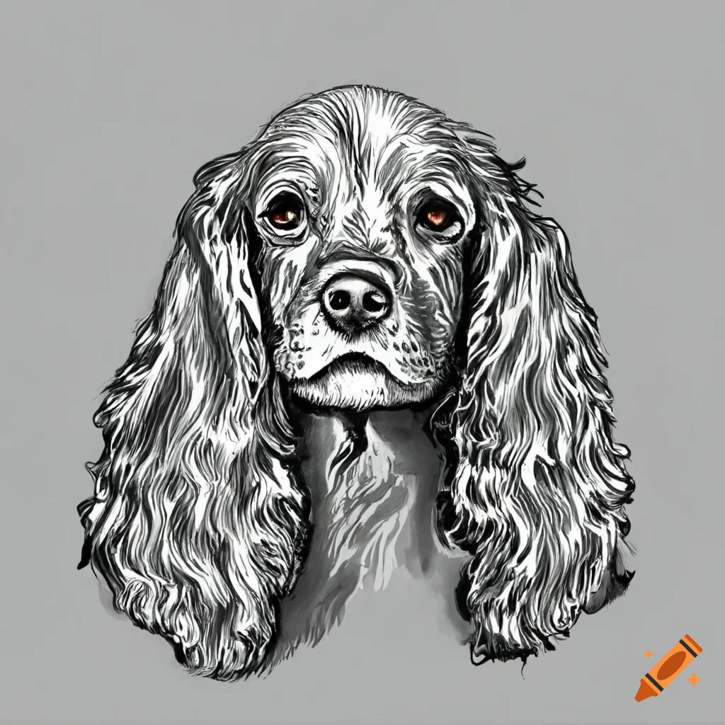 Realistic fine line ink drawing of a cocker spaniel