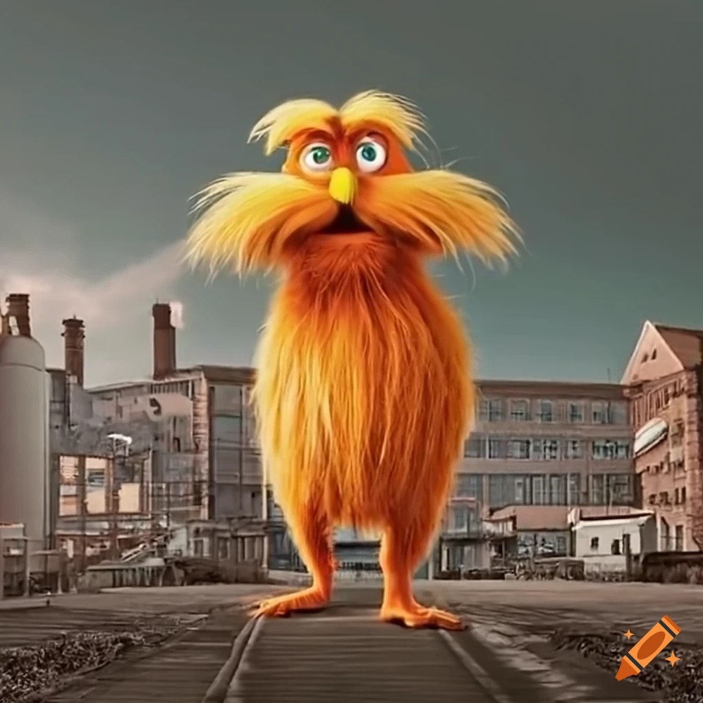 Image of the lorax protesting in front of a factory on Craiyon