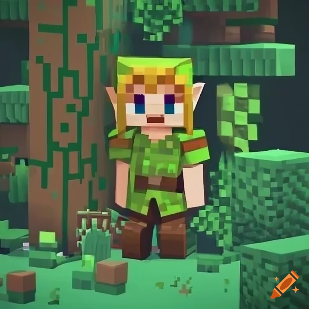 Link character in a minecraft-style jungle