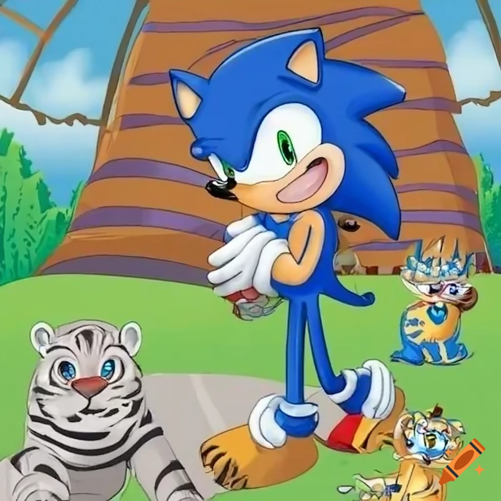 Sonic the hedgehog petting a tiger on Craiyon