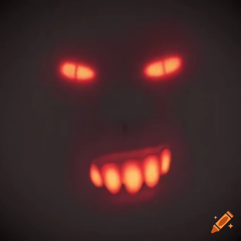 Creepy roblox character with glowing eyes and sharp teeth