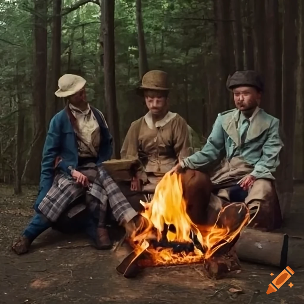 Vintage scene of tramps gathered around a campfire on Craiyon