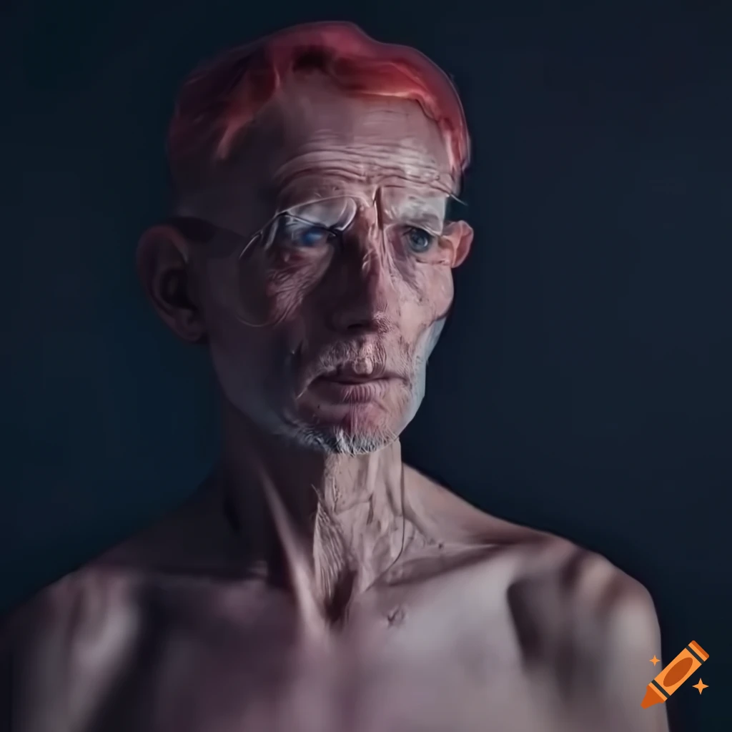 Image of a stylish elderly male cyborg in a futuristic city