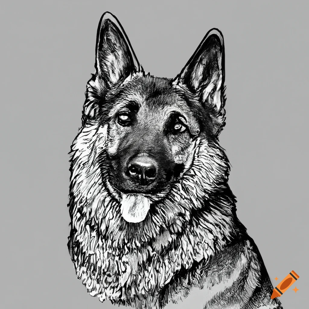 Realistic ink drawing of a german shepherd