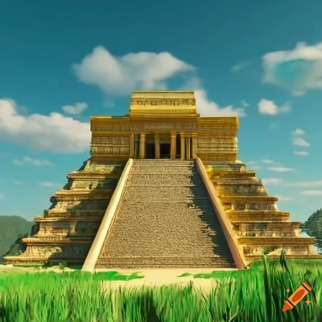 3d rendering of a golden aztec temple in the jungle